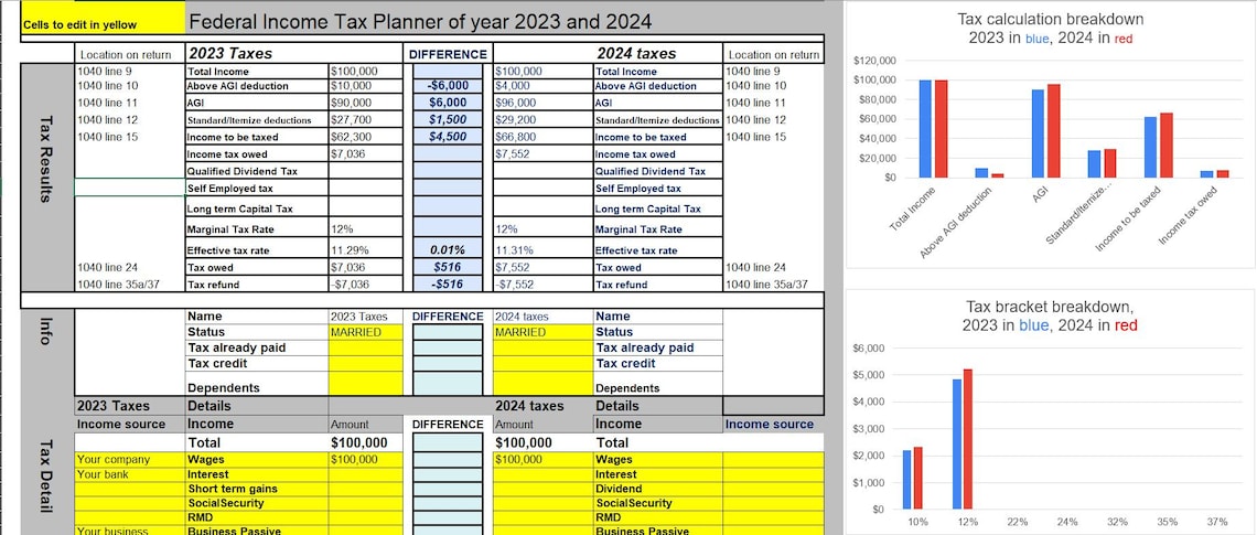 Excel 2023 and 2024 Tax Planner Spreadsheet, Retirement Calculator, IRA ...