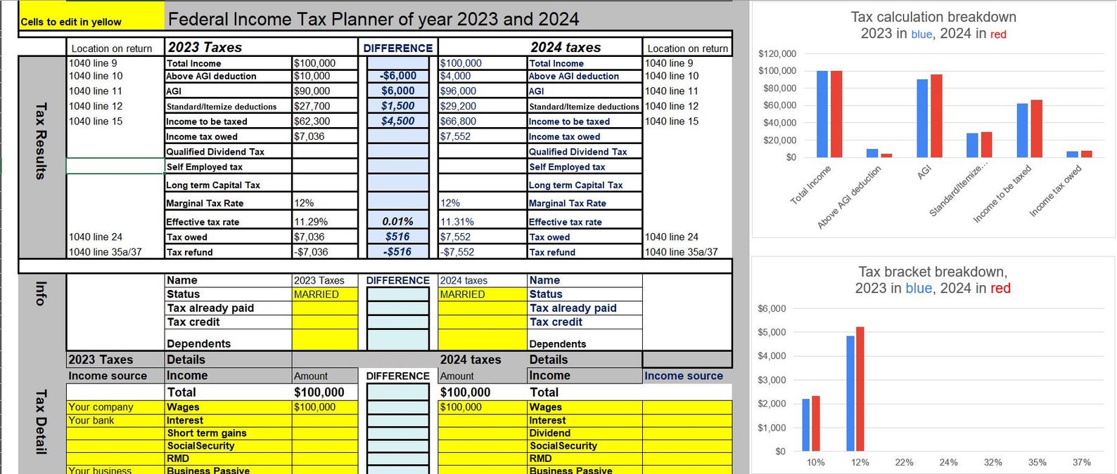 Excel 2023 and 2024 Tax Planner Spreadsheet, Retirement Calculator, IRA ...
