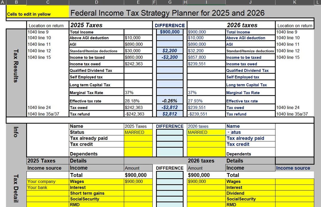Excel 2025 and 2026 Tax Planner Spreadsheet, Self Employment Tax, Includes W2, ,business and ...