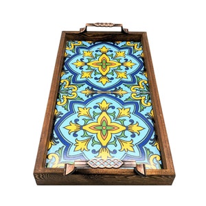 Handmade Decorative Ceramic Tiled Serving Tray With Handle, Wooden ...