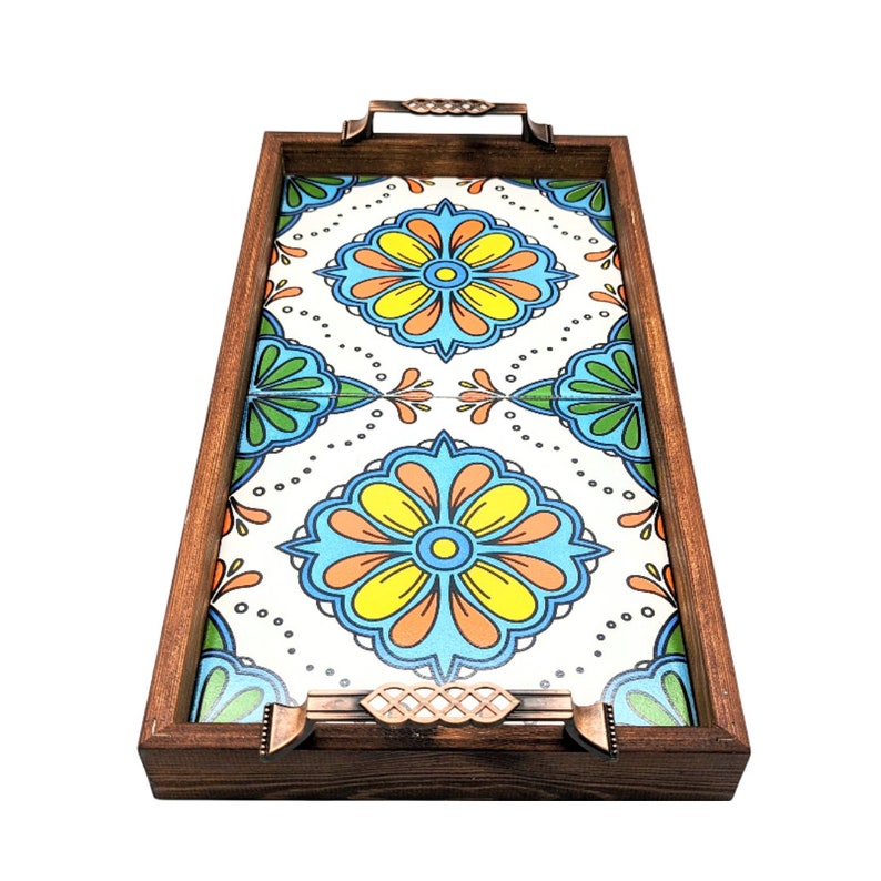 Handmade Decorative Ceramic Tiled Serving Tray With Handle, Wooden ...