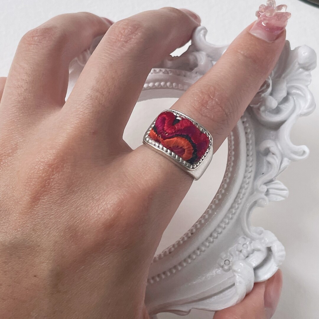 Hand Embroidered Red Ring Vintage Red Embroidered Square - Etsy