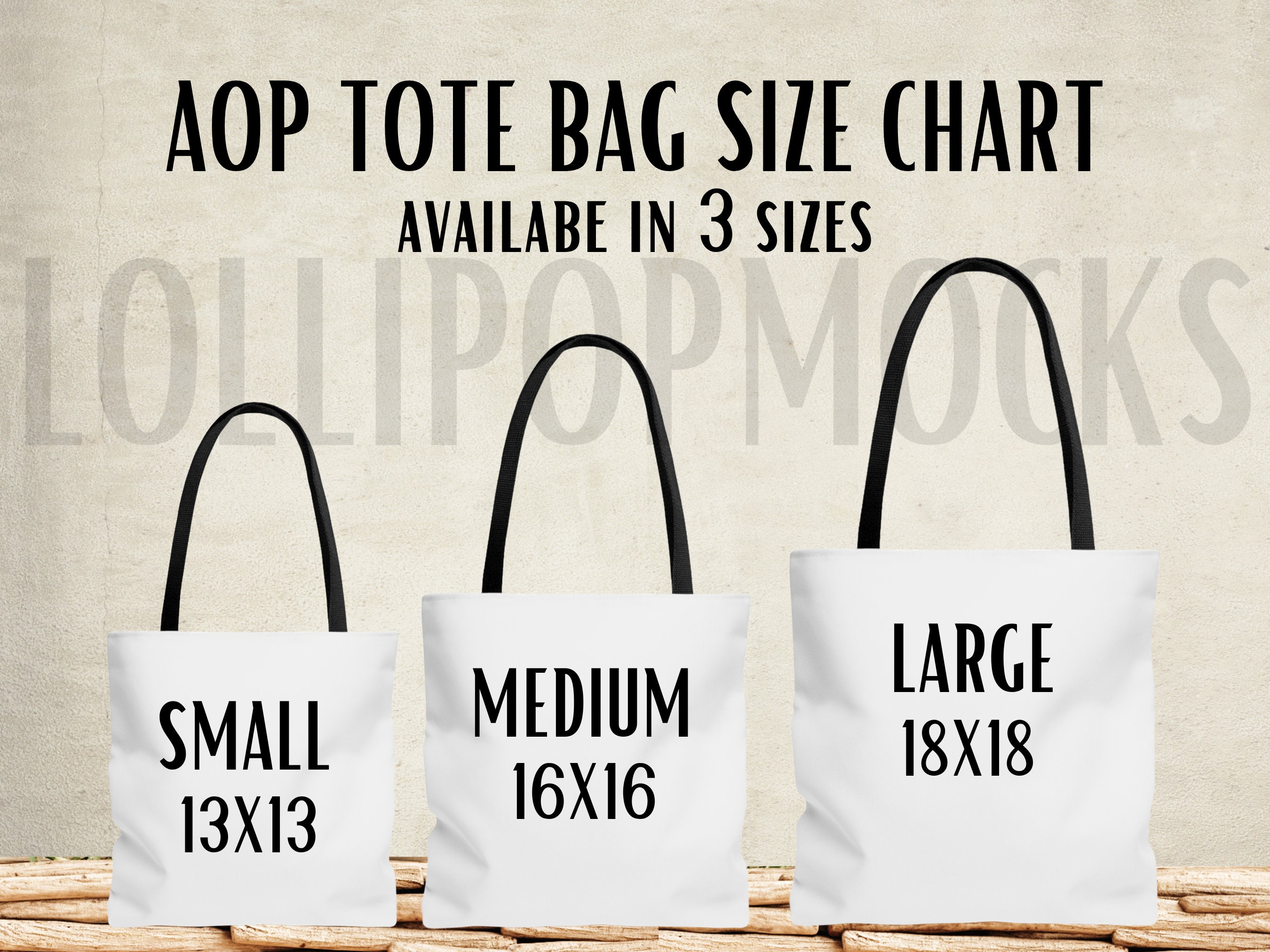 AOP Tote Bag Size Chart Mock Up, 3 Bag Size Chart for Printify's AOP Tote Bag, Add Size Chart to ...