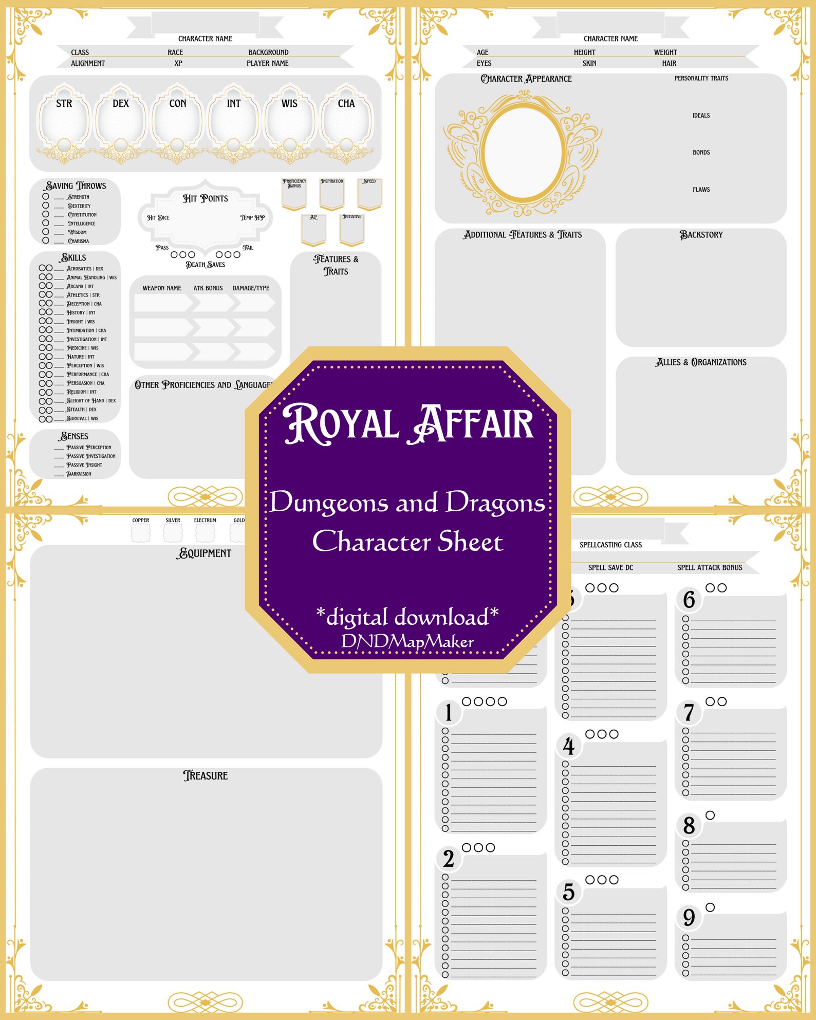 Dandd 5e Character Sheet Royal Affair Dungeons And Dragons 5th Edition Digital Download