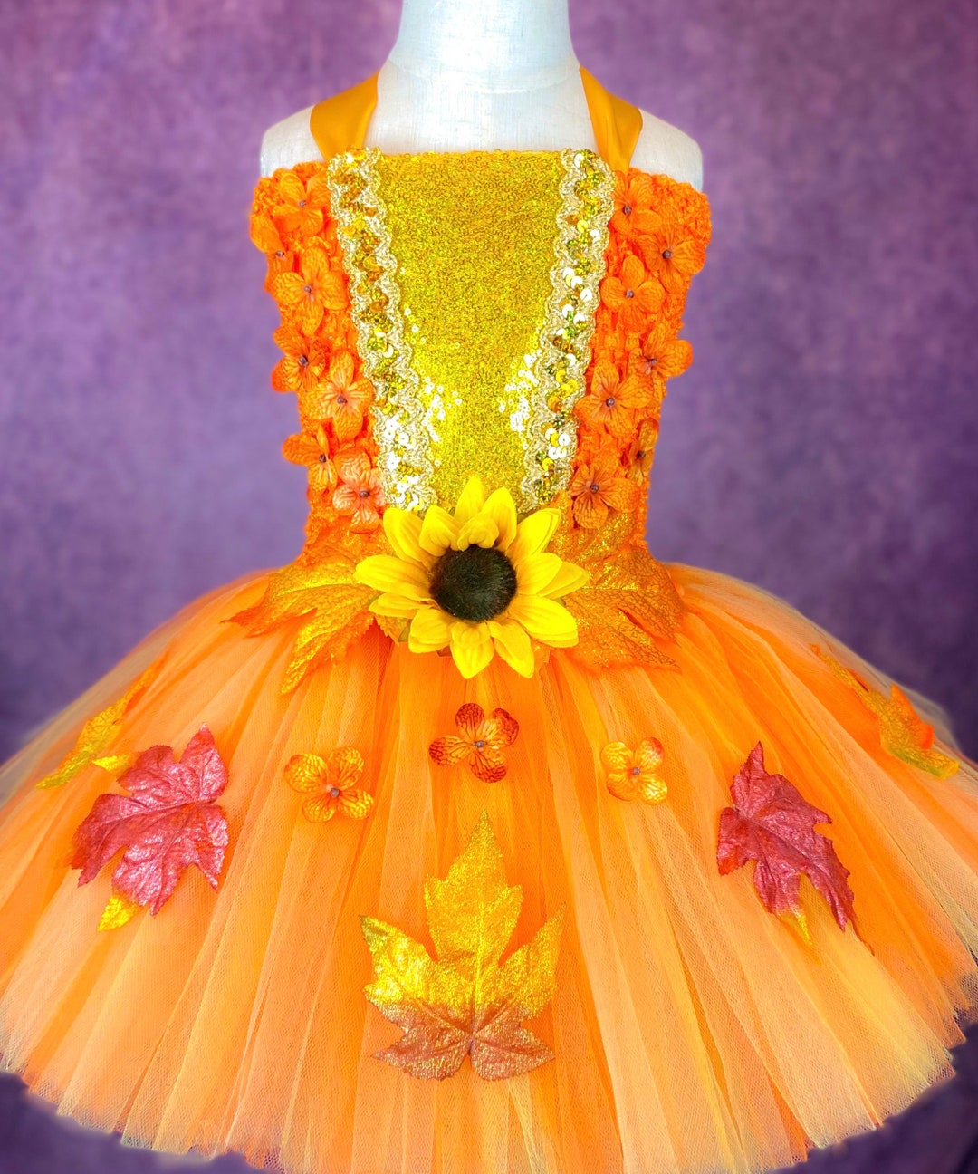 Autumn Floral Sunflower Falling Leaves Fall Orange Gold Whimsical ...