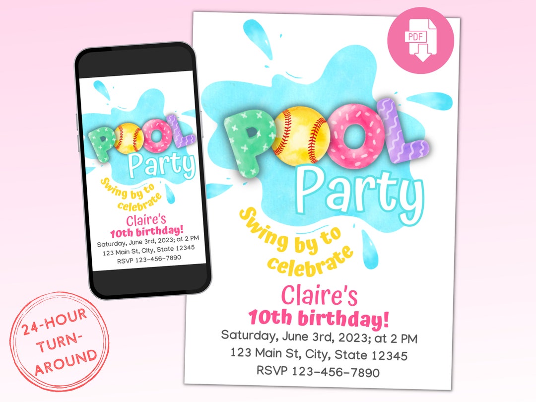 Softball Pool Party Personalized Birthday Invitation Digital - Etsy