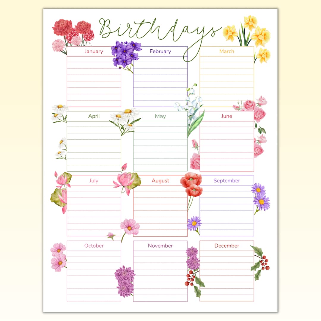 Printable Birthday Tracker, Birth Month Flowers Calendar, Birthday ...