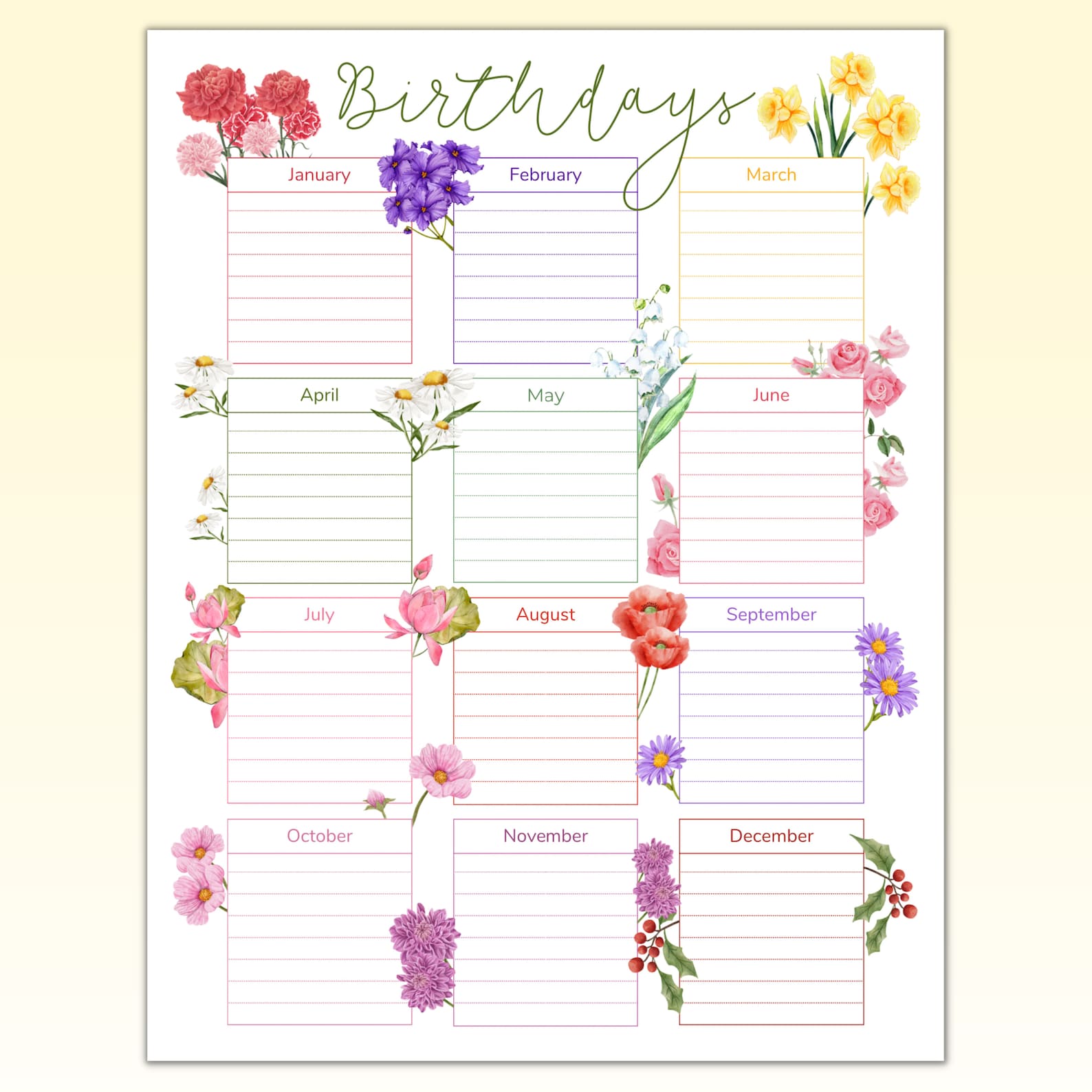 Printable Birthday Tracker, Birth Month Flowers Calendar, Birthday ...