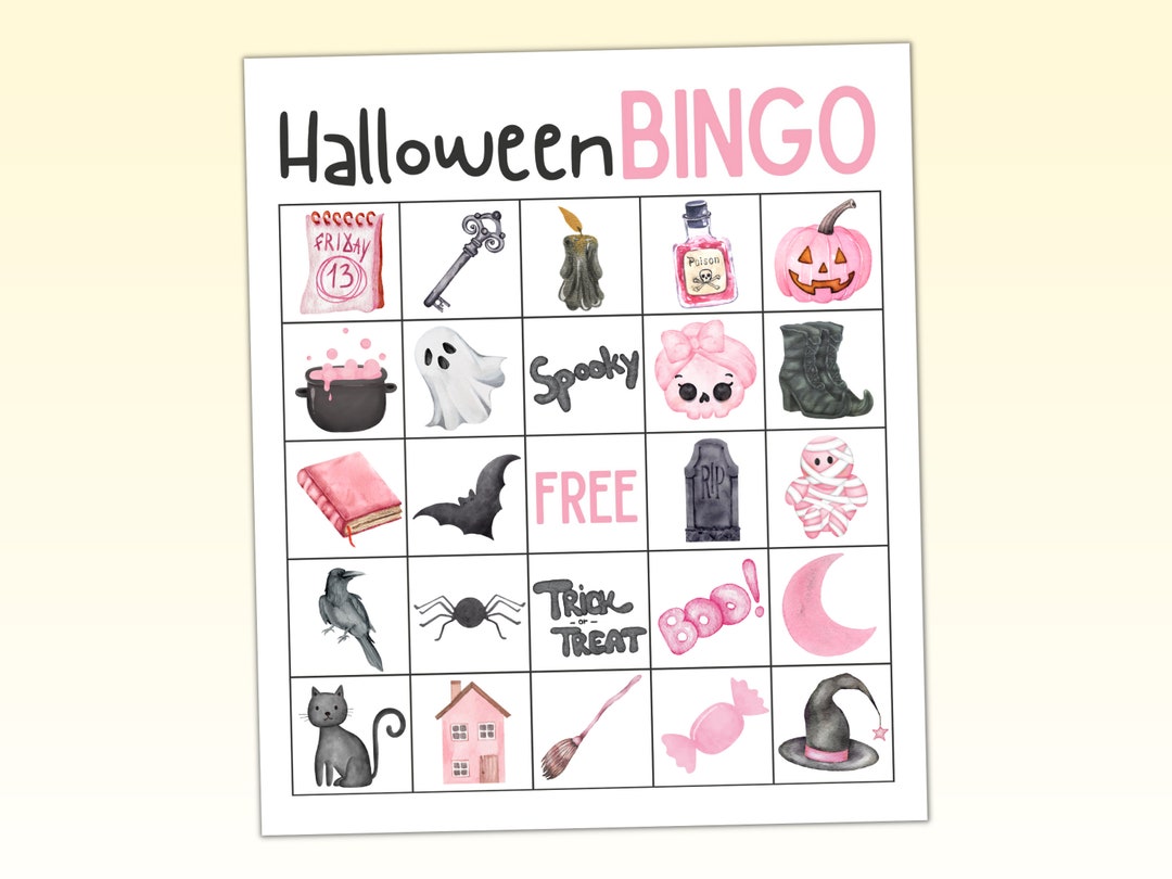 Pink Halloween Bingo Printable, 50 Bingo Cards, Pink Baby Shower and ...