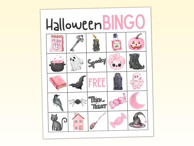 Pink Halloween Bingo Printable, 50 Bingo Cards, Pink Baby Shower and ...