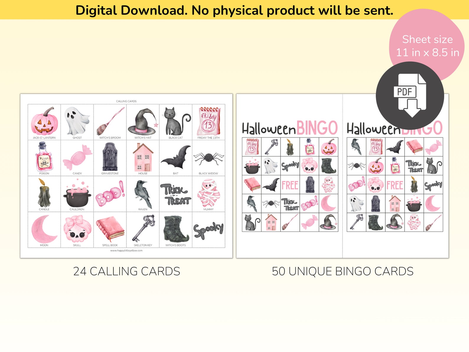 Pink Halloween Bingo Printable, 50 Bingo Cards, Pink Baby Shower and ...