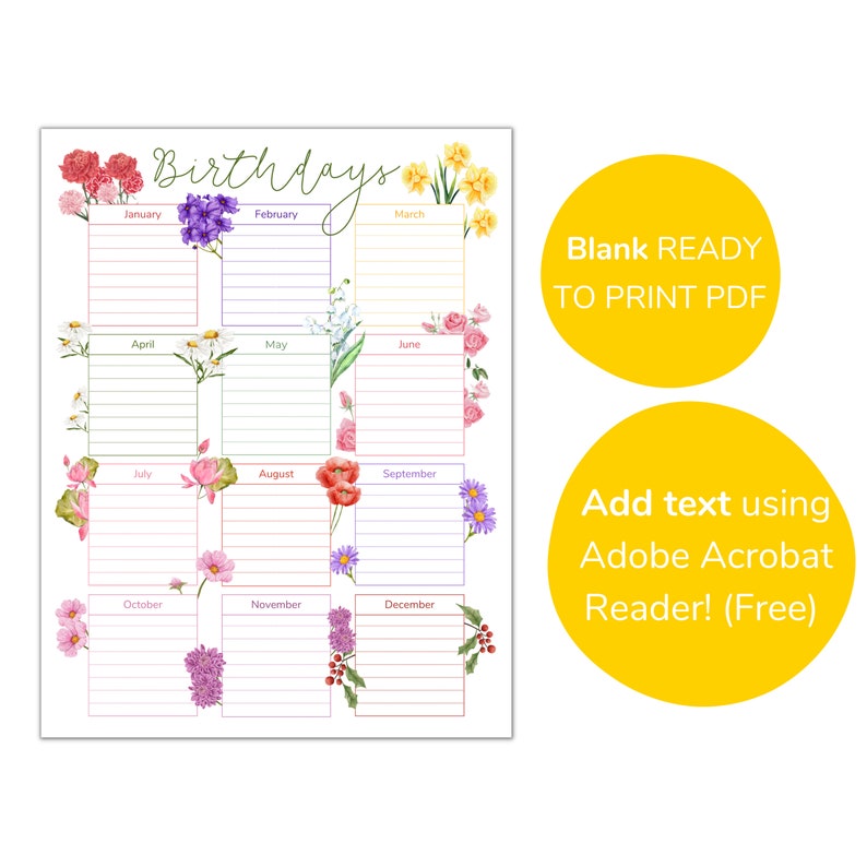 Printable Birthday Tracker, Birth Month Flowers Calendar, Birthday ...