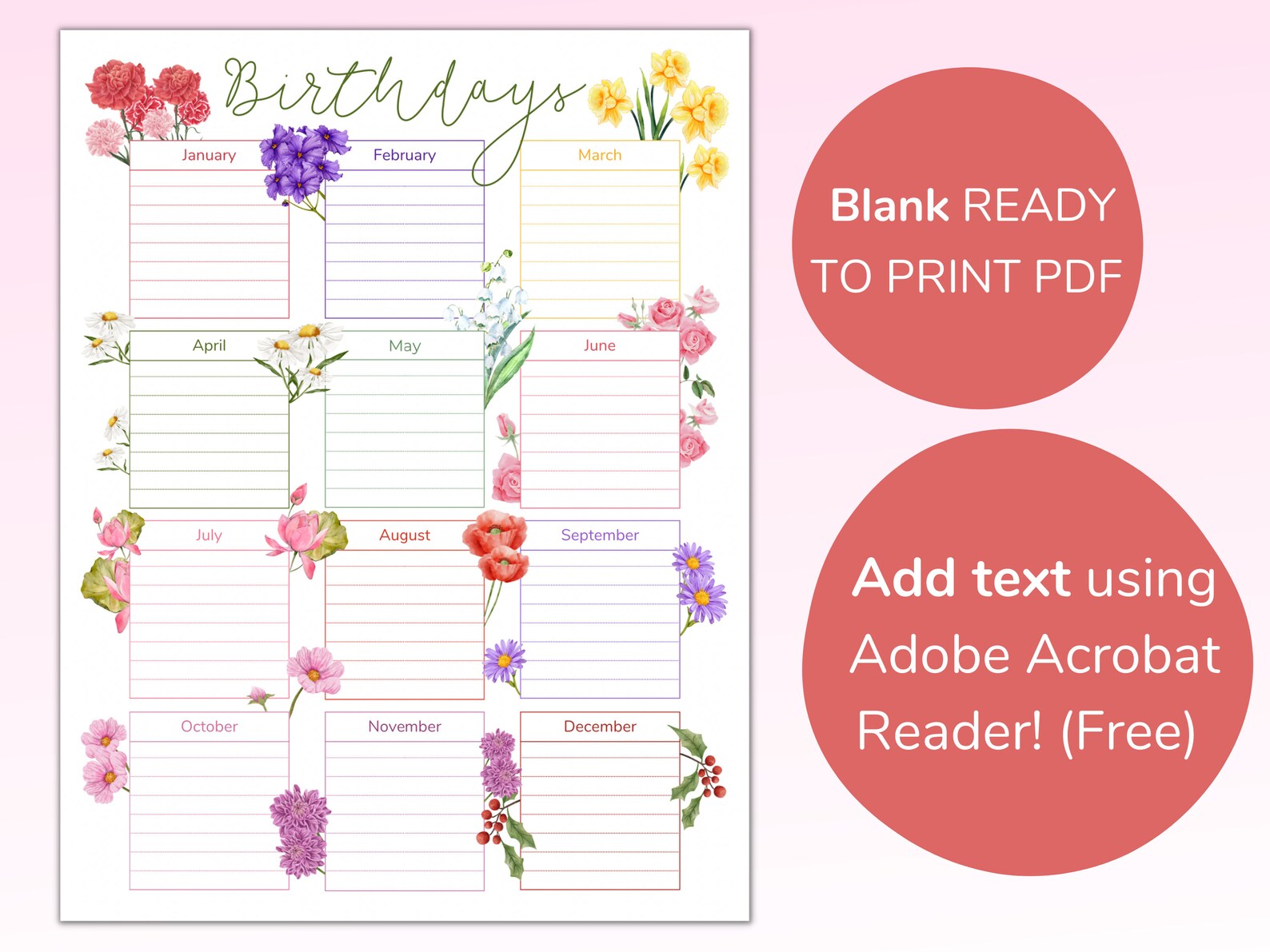 Printable Birthday Tracker Birth Month Flowers Calendar - Etsy