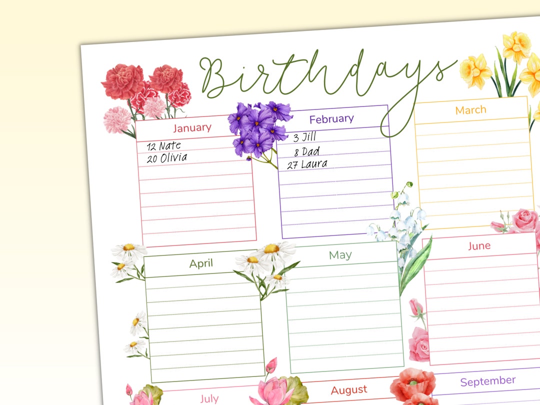 Printable Birthday Tracker Birth Month Flowers Calendar - Etsy