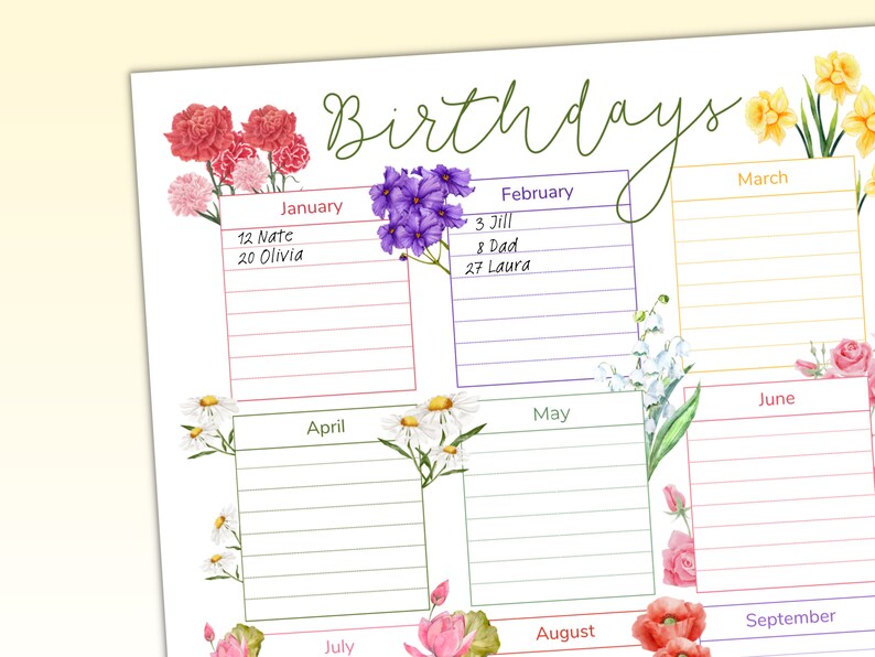 Printable Birthday Tracker Birth Month Flowers Calendar - Etsy