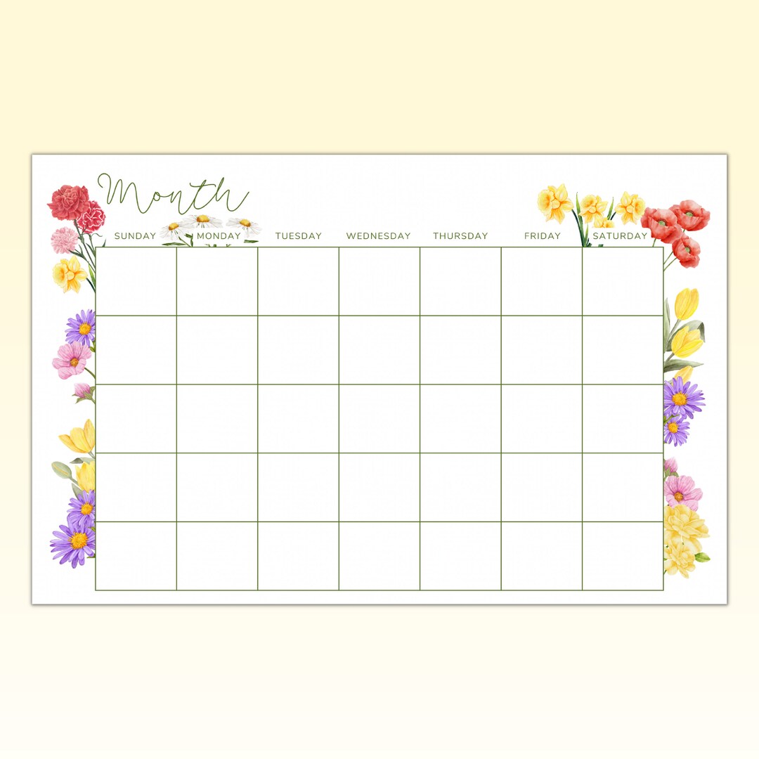 Undated Floral Calendar Printable, Large 11x17 Birth Month Flowers Wall ...