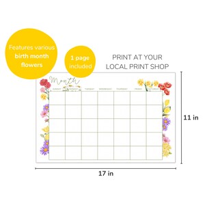 Undated Floral Calendar Printable, Large 11x17 Birth Month Flowers Wall ...