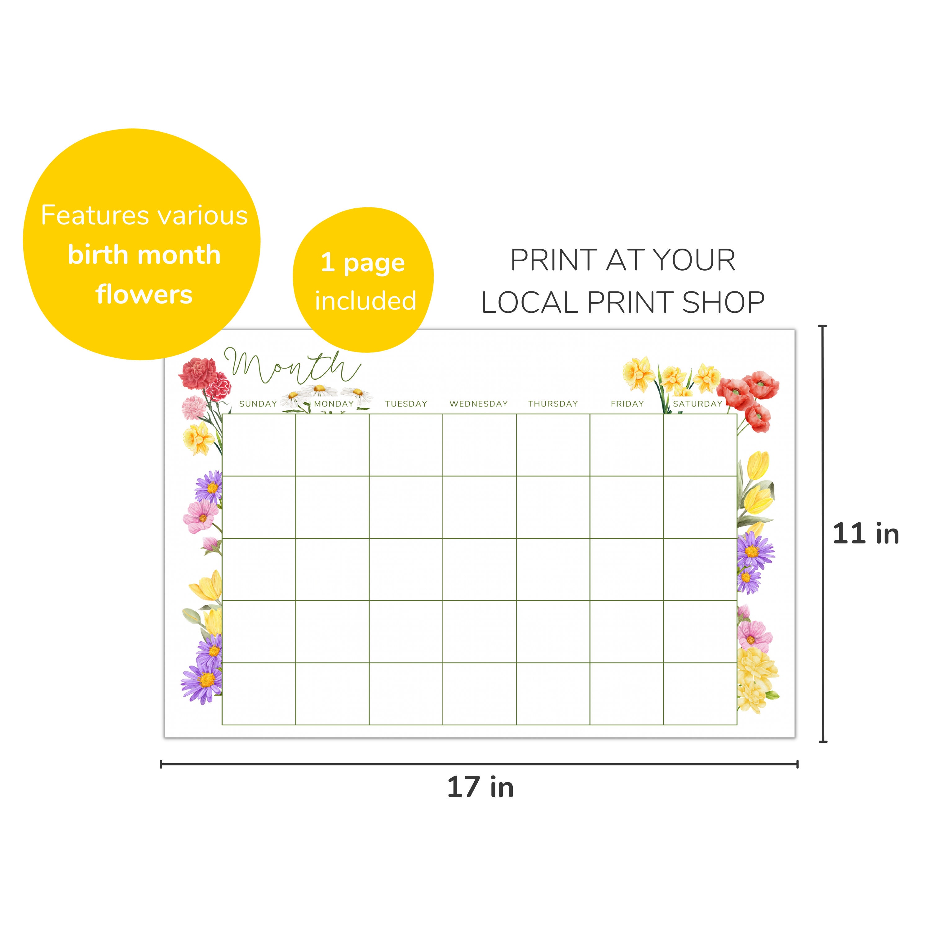 Undated Floral Calendar Printable Large 11x17 Birth Month - Etsy