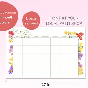Undated Floral Calendar Printable Large 11x17 Birth Month - Etsy