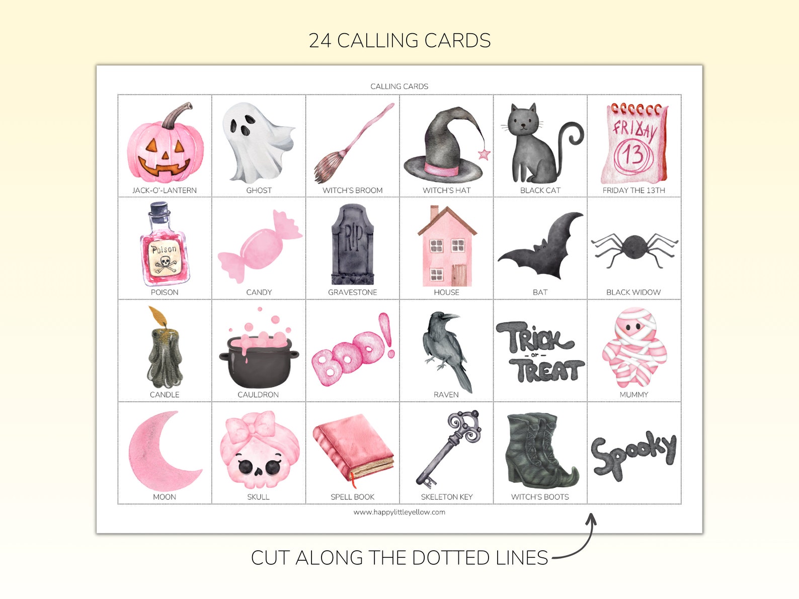 Pink Halloween Bingo Printable, 50 Bingo Cards, Pink Baby Shower and ...