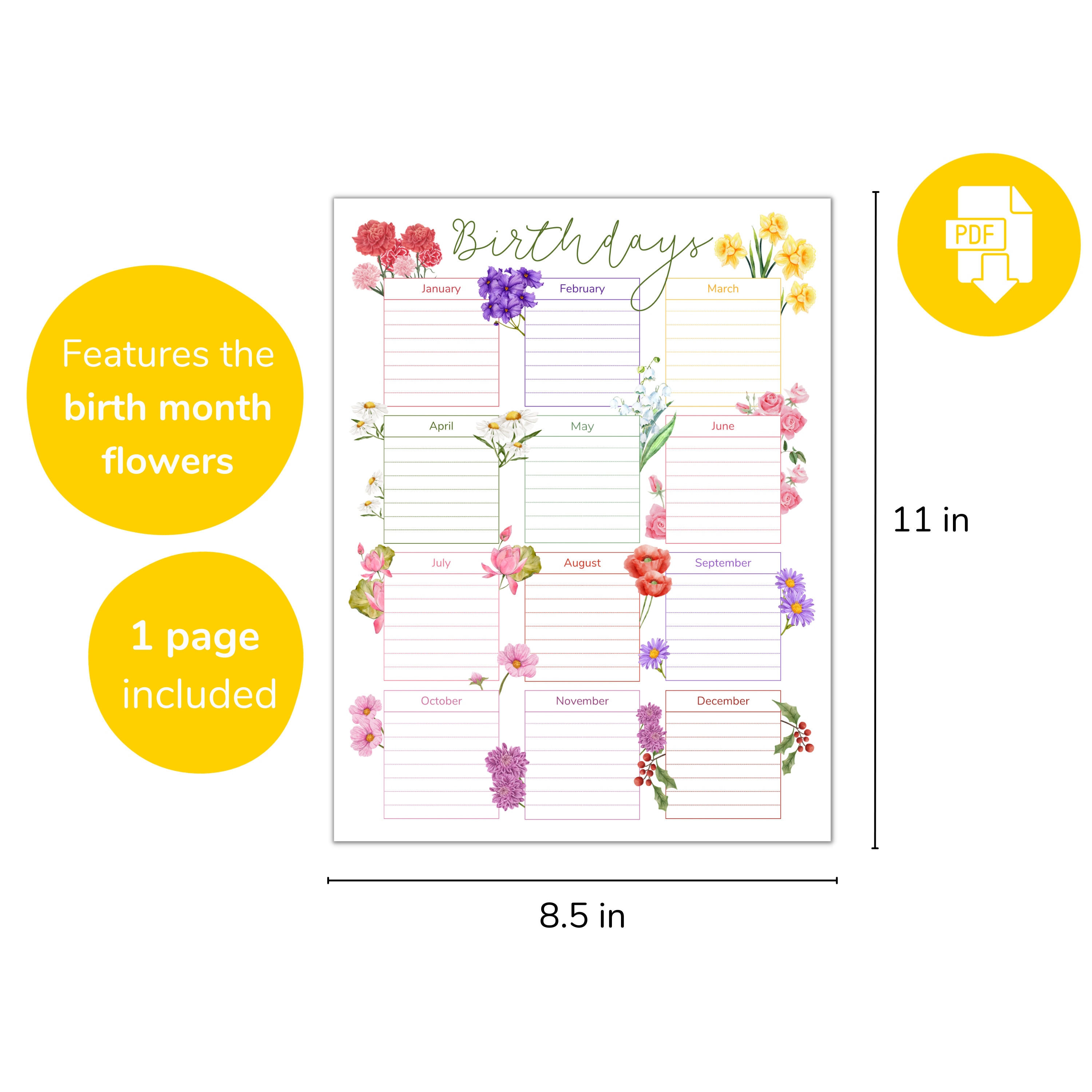 Printable Birthday Tracker, Birth Month Flowers Calendar, Birthday ...