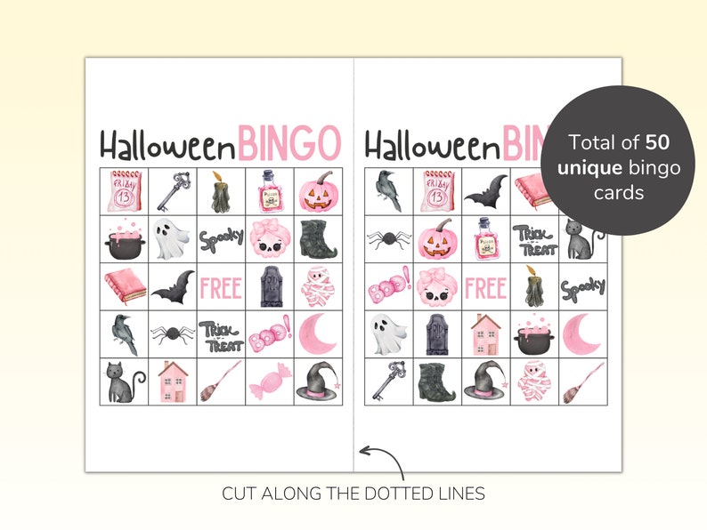 Pink Halloween Bingo Printable, 50 Bingo Cards, Pink Baby Shower and ...
