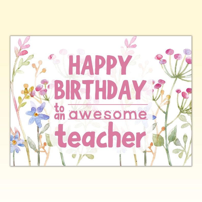 Teacher Birthday Card Printable, Happy Birthday Notecard for Teacher ...