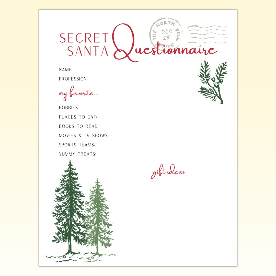Secret Santa Questionnaire Printable, Christmas Gift Wishlist for Young ...