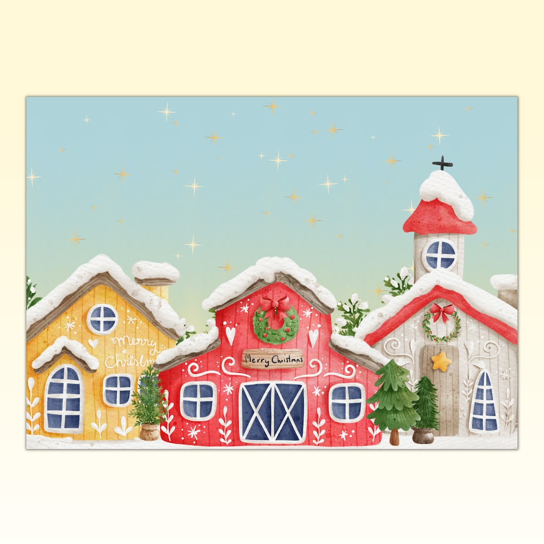 Blank Christmas Note Cards Printable, Watercolor Christmas Red Barn ...