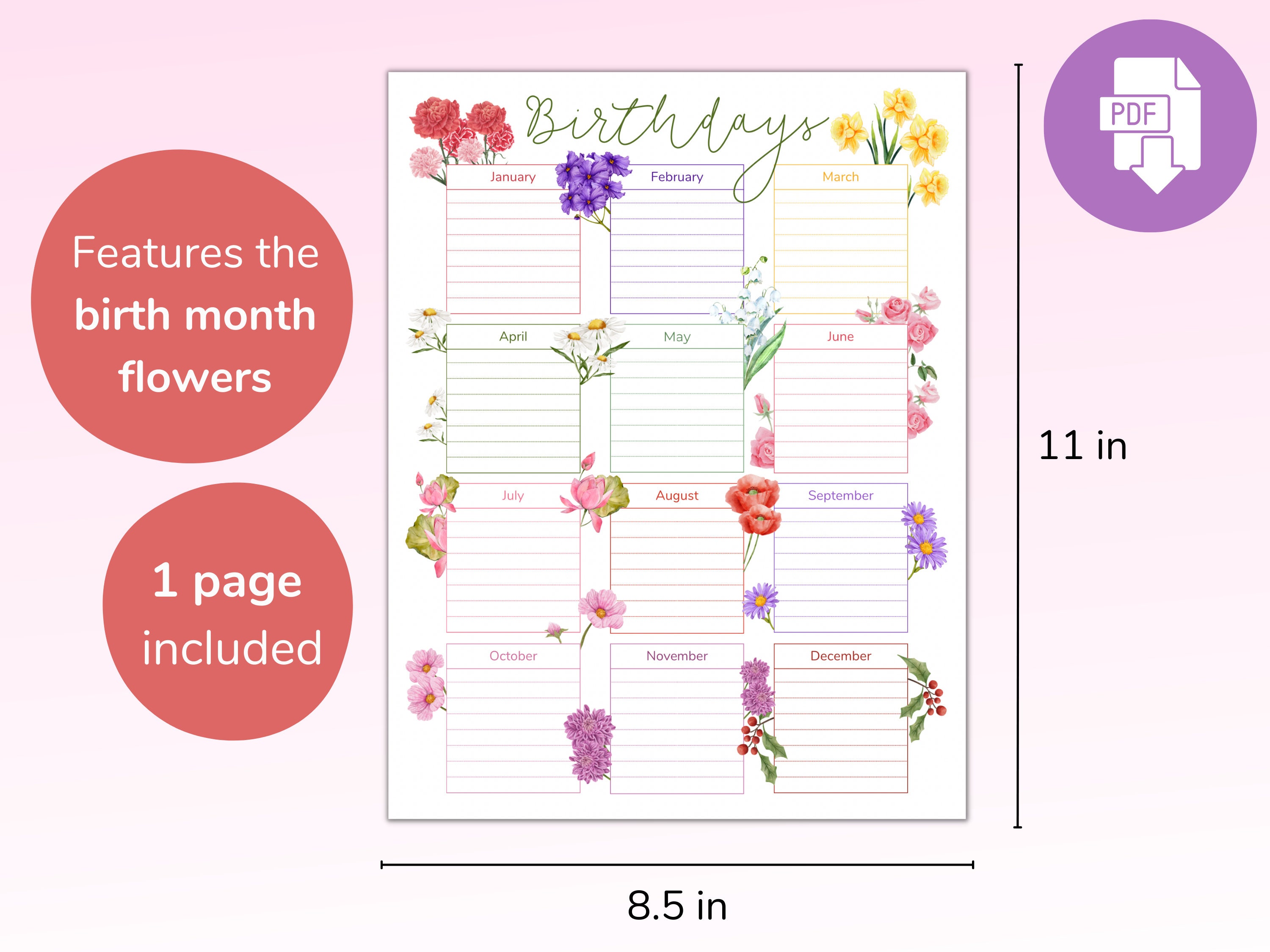 Printable Birthday Tracker Birth Month Flowers Calendar - Etsy