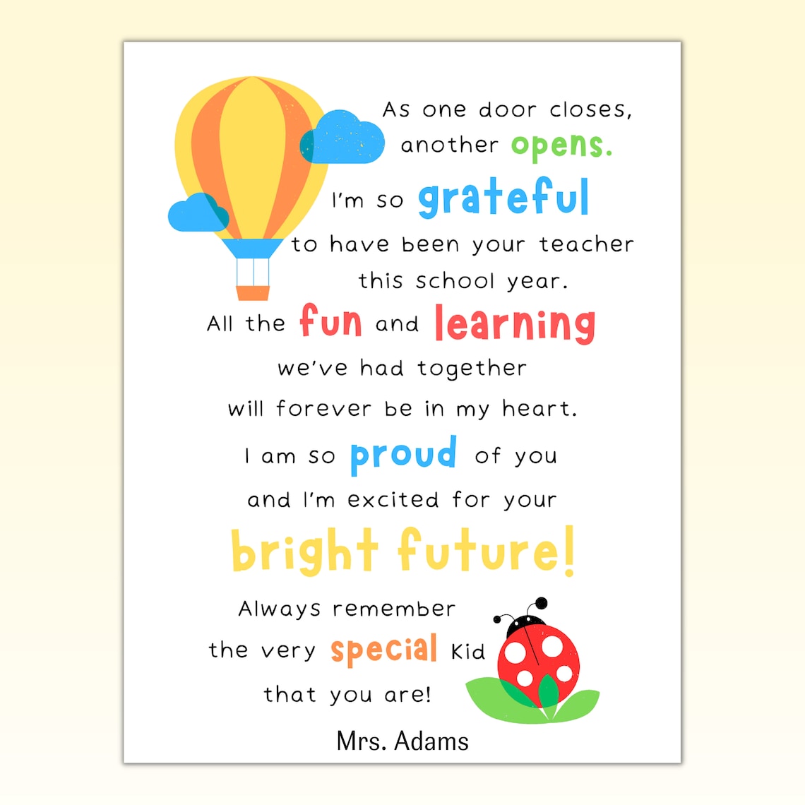 Printable End of School Year Letter for Student, Preschool Teacher to ...