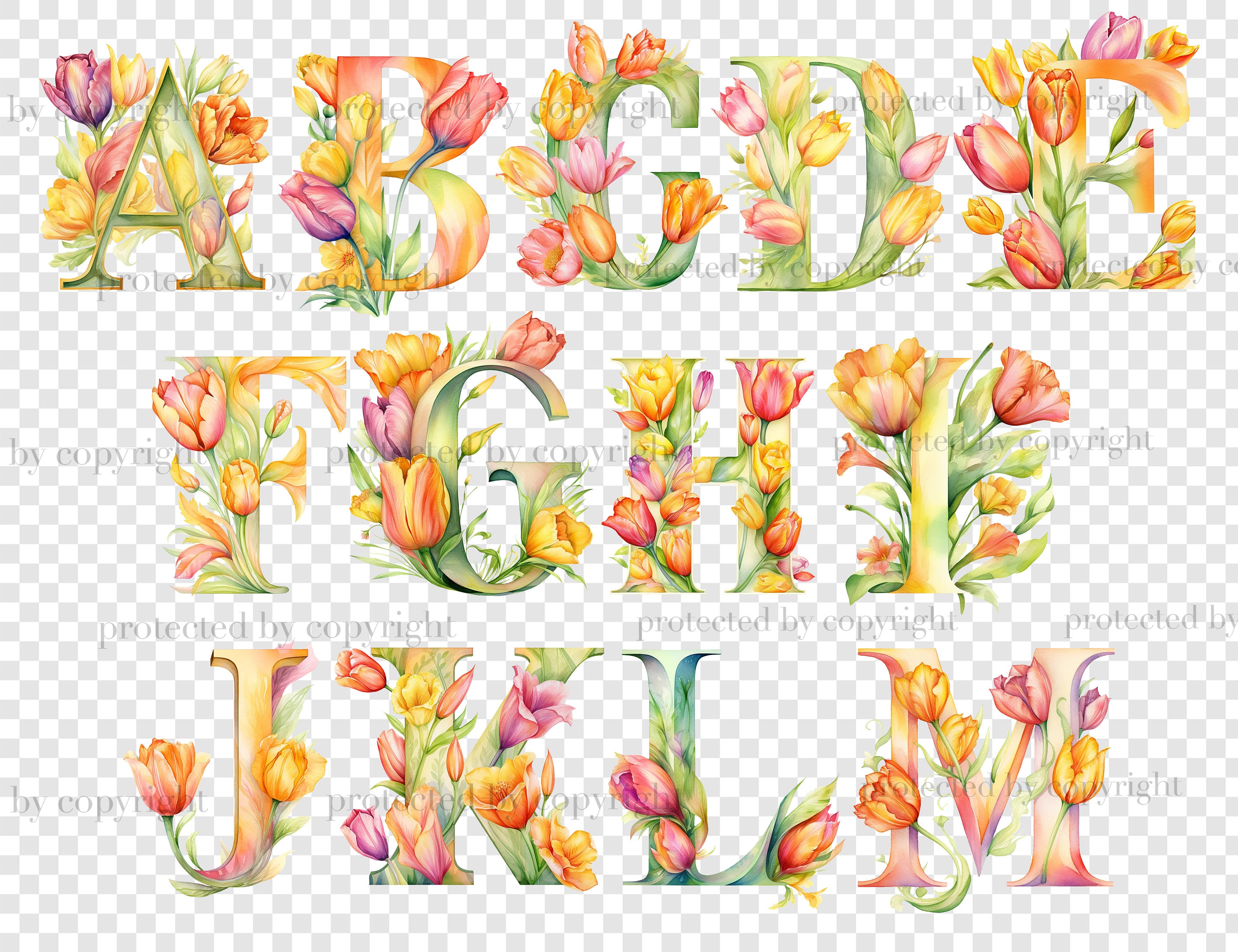 Tulips Alphabet Clipart: Spring and Summer Floral Letters PNG (digital ...
