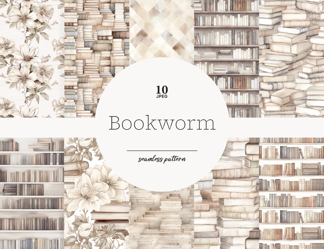 Bookworm Digital Paper: Bookshelf Seamless Pattern (digital Download ...