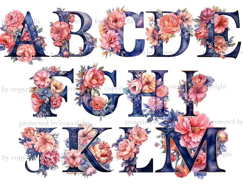 Floral Alphabet Clipart: Pink & Navy Flowers Letters (PNG Digital ...