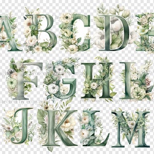 Greenery Alphabet Lettering and Numbers Clipart, Watercolor Floral Clip ...