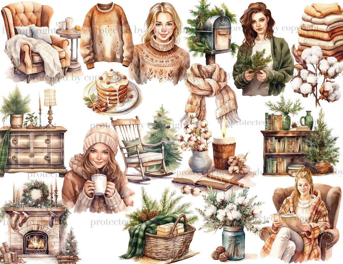 Cozy Winter Clipart Bundle: Reading Girl, Christmas Nooks (PNG) - Etsy ...