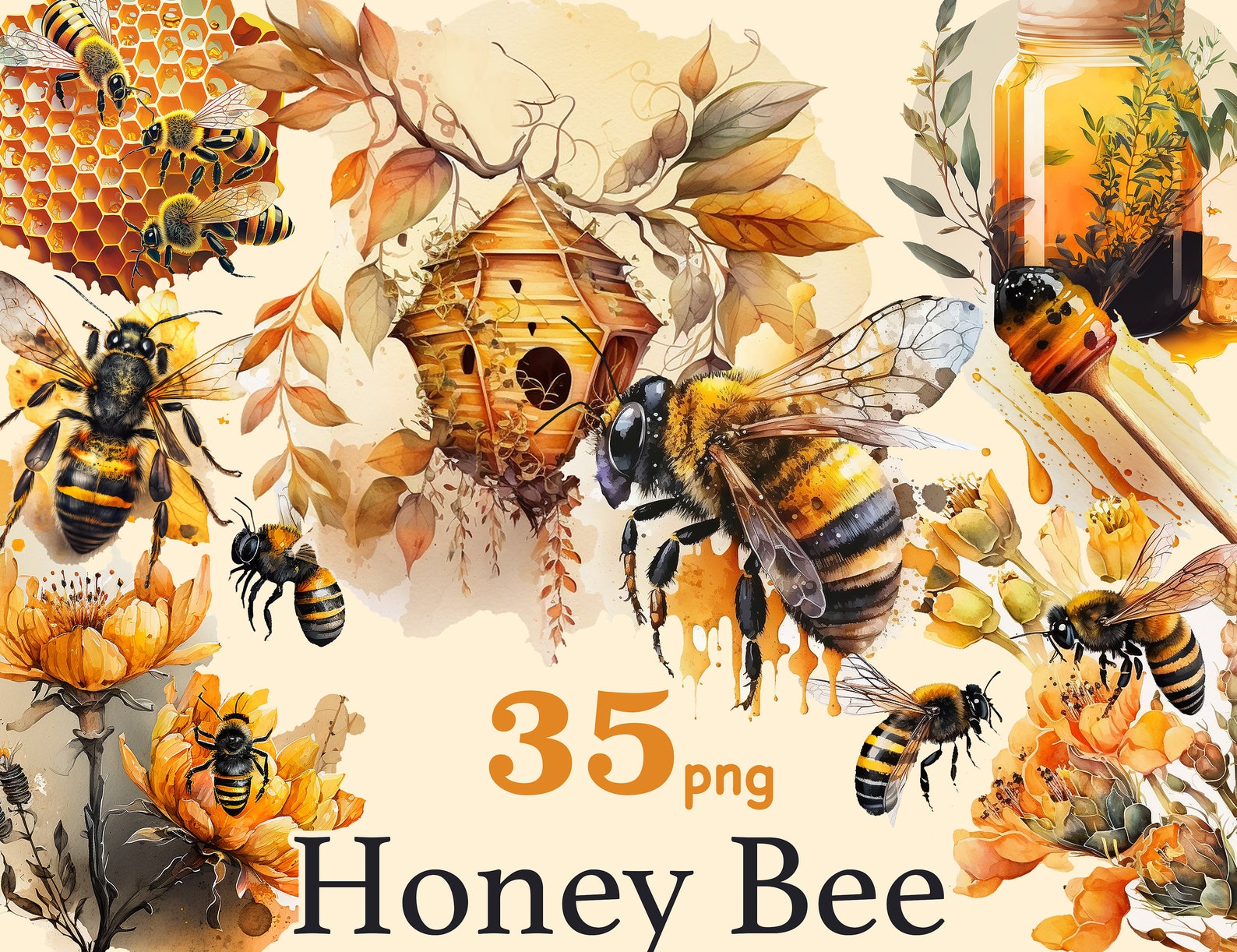 Honey Bee Clip Art Watercolor Bees Clipart Garden Bee and - Etsy