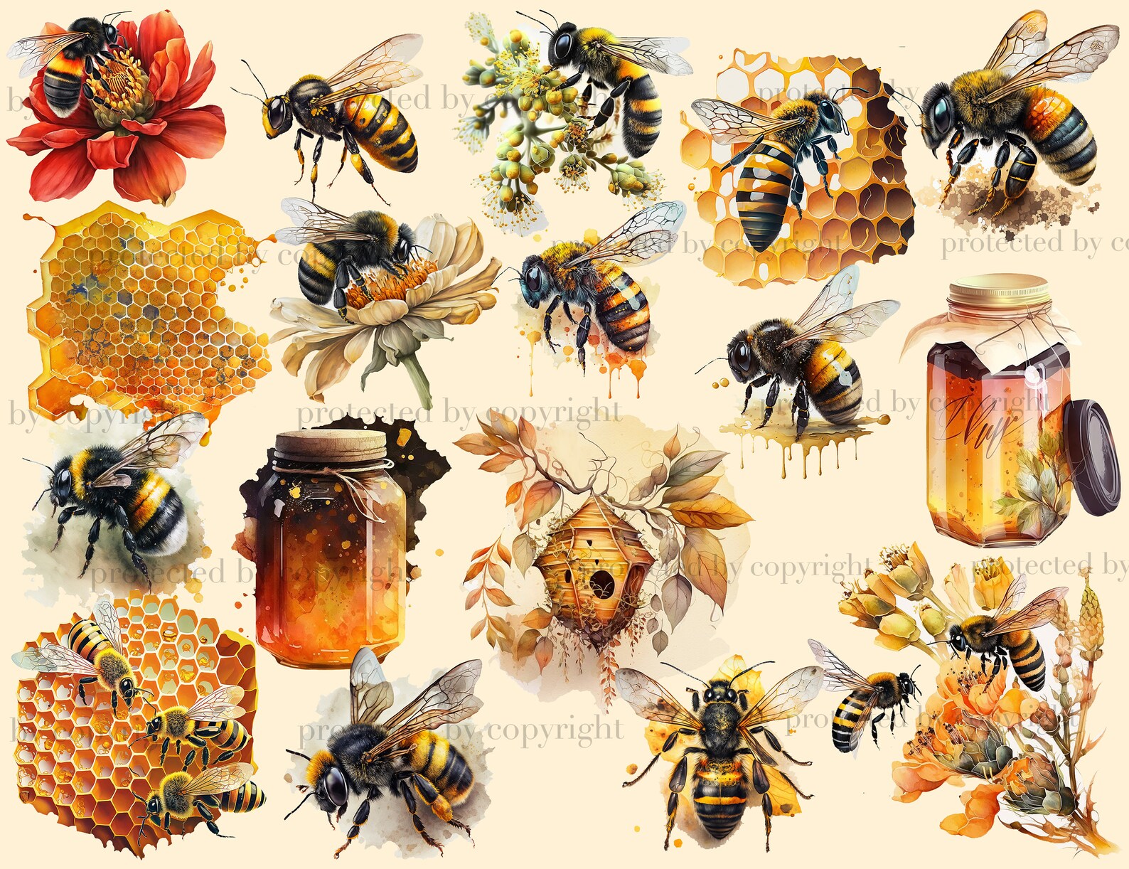 Honey Bee Clip Art Watercolor Bees Clipart Garden Bee and - Etsy