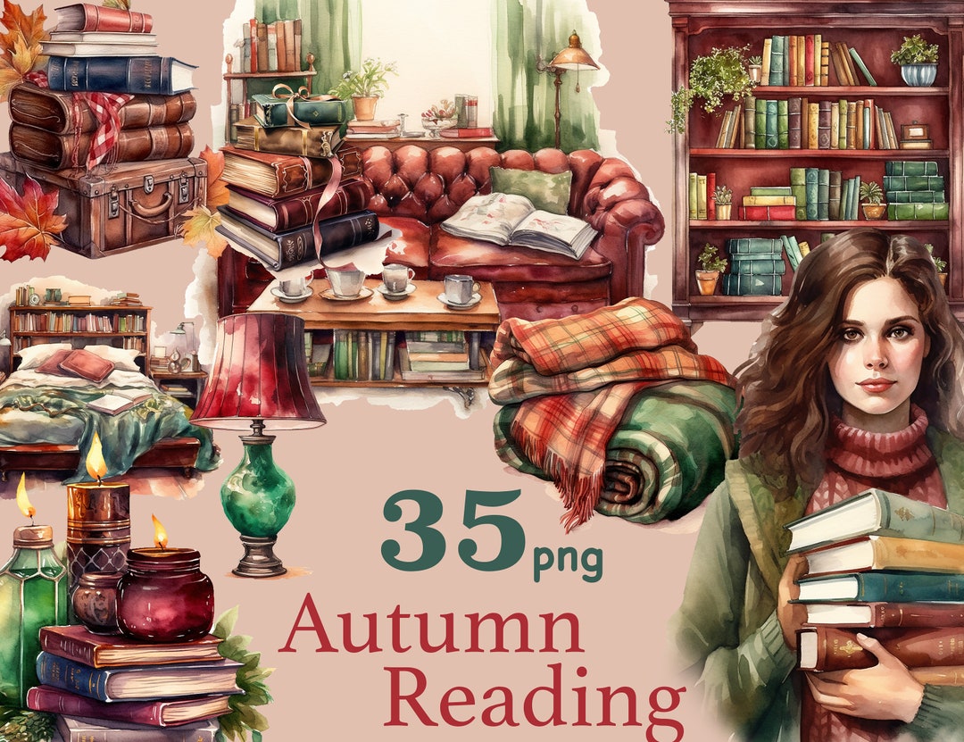 Cozy Autumn Reading Clipart, Autumn Books Clip Art Png, Woman Reading ...