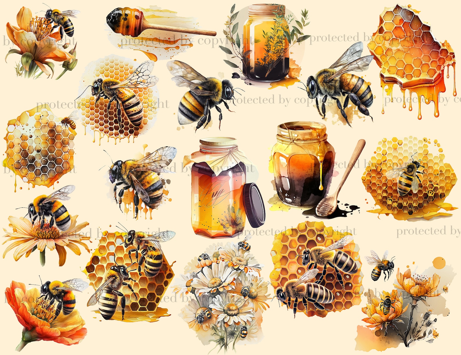Honey Bee Clip Art Watercolor Bees Clipart Garden Bee and - Etsy