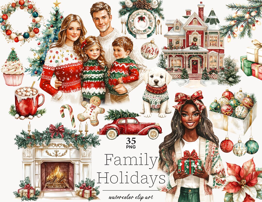 Christmas Family Clipart: Traditional Holiday PNG Graphics (digital ...