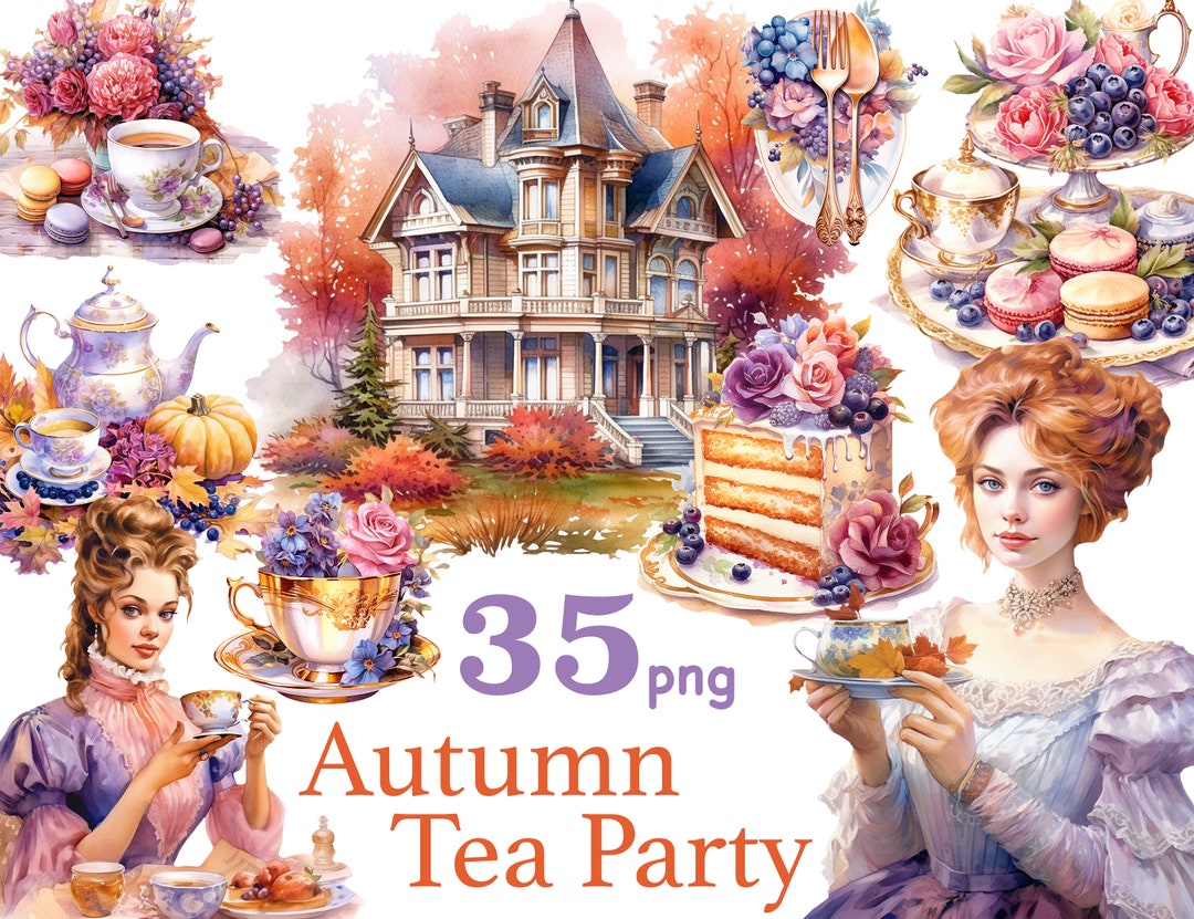 Autumn Tea Party Clipart, Fall Tea Time Clipart, Tea Party Girl Clipart ...