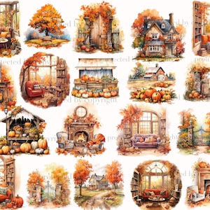 Autumn Scenes Clipart, Cozy Fall Clipart Set, Autumn Fall Farmhouse ...
