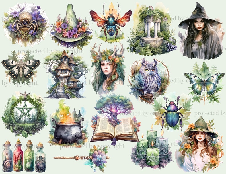 Fantasy Mystical Watercolor Clipart Bundle Green Witchy Magic - Etsy