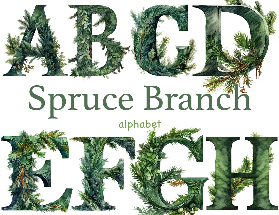 Spruce Branch Alphabet, Wedding Invitation Png, Rustic Font, Green ...