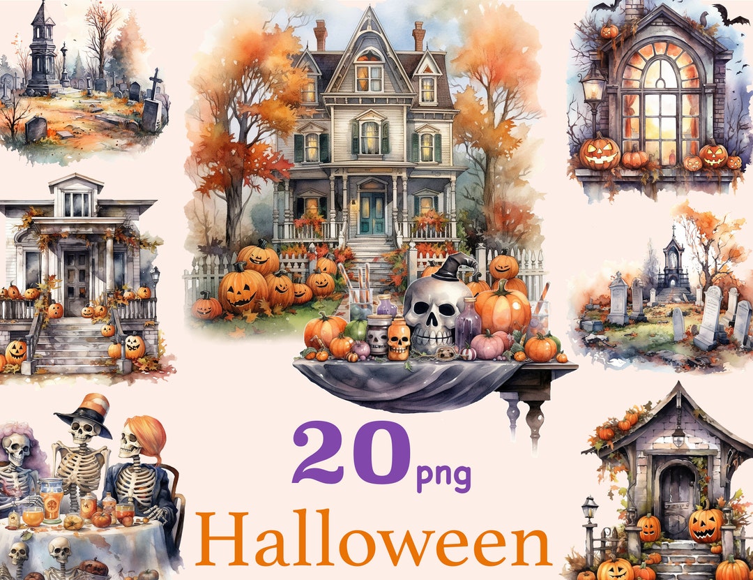 Haunted House Scene Clipart, Trick or Treat Clipart, Halloween Porch ...