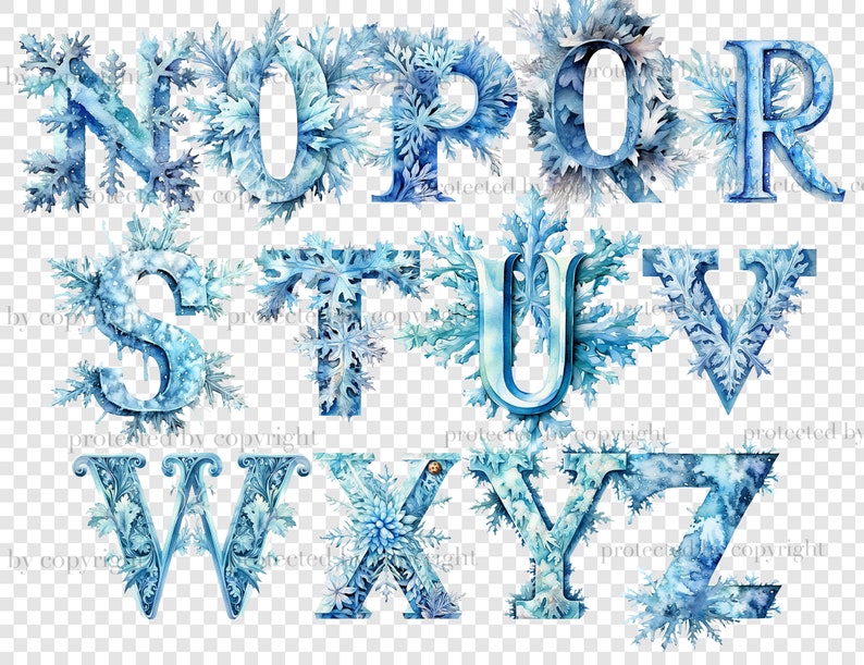 Winter Snowflake Alphabet Clipart: Blue Invitation Letters (PNG ...