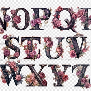 Gothic Floral Alphabet: Watercolor Dark Roses Letters Clipart (PNG) - Etsy
