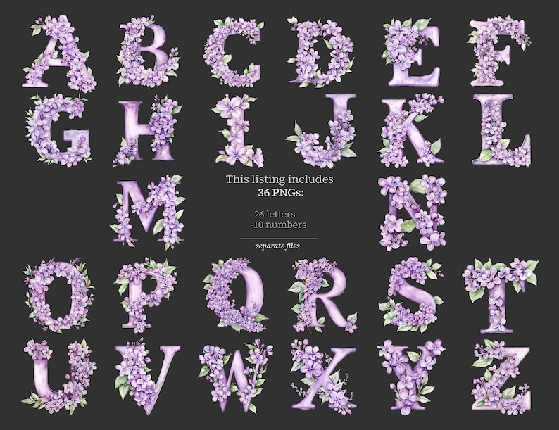 Afdrukbaar lila alfabet lavendel bloem letters paars lente zomer ...