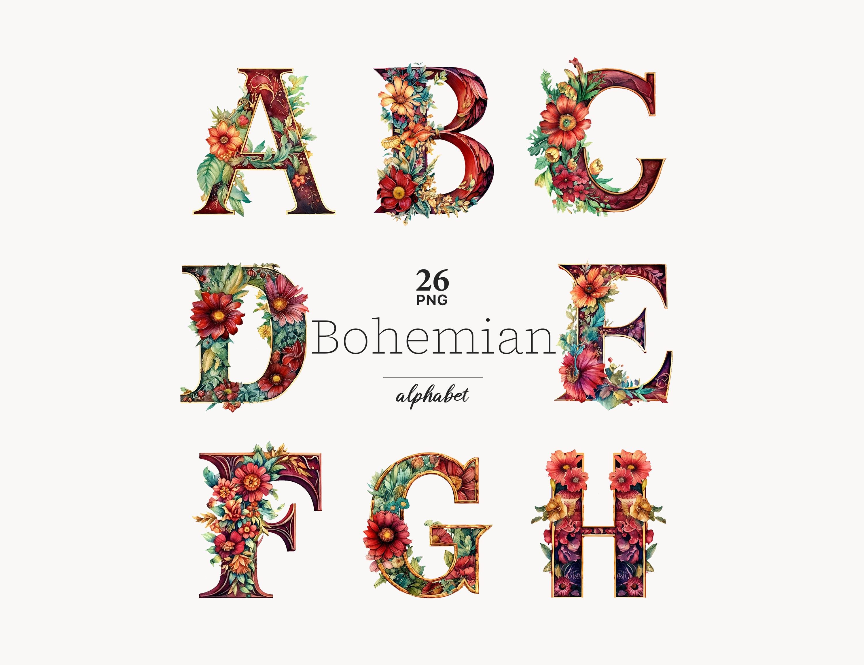 Boho Wedding Alphabet Clipart: Burgundy Floral Letters PNG (digital ...